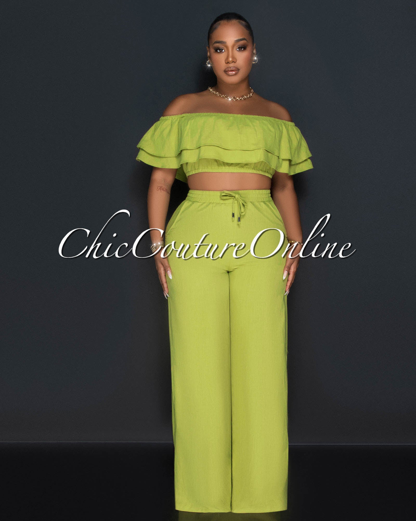 Yuri Olive Green Ruffle Crop Top & Wide Pants Set – Chic Couture Online