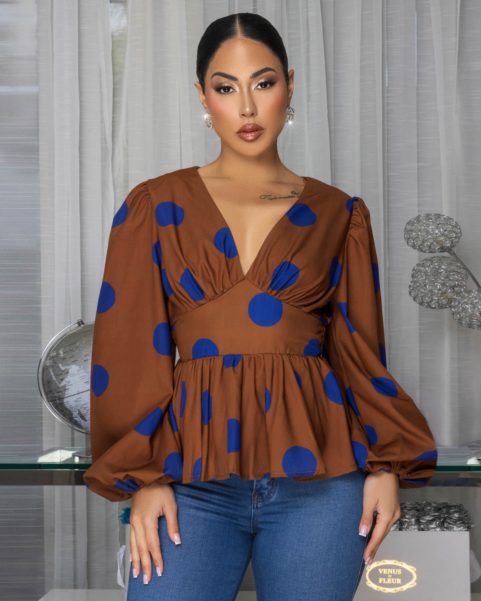 Abbie Brown Blue Polka Dots Top – Chic Couture Online