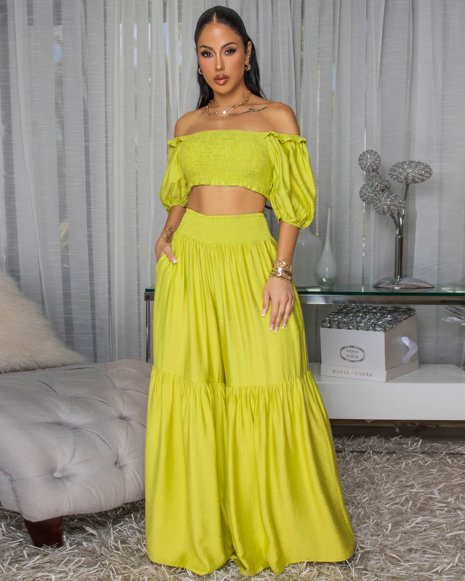 Andy Citron Smocked Crop Top & Wide Pants Set – Chic Couture Online