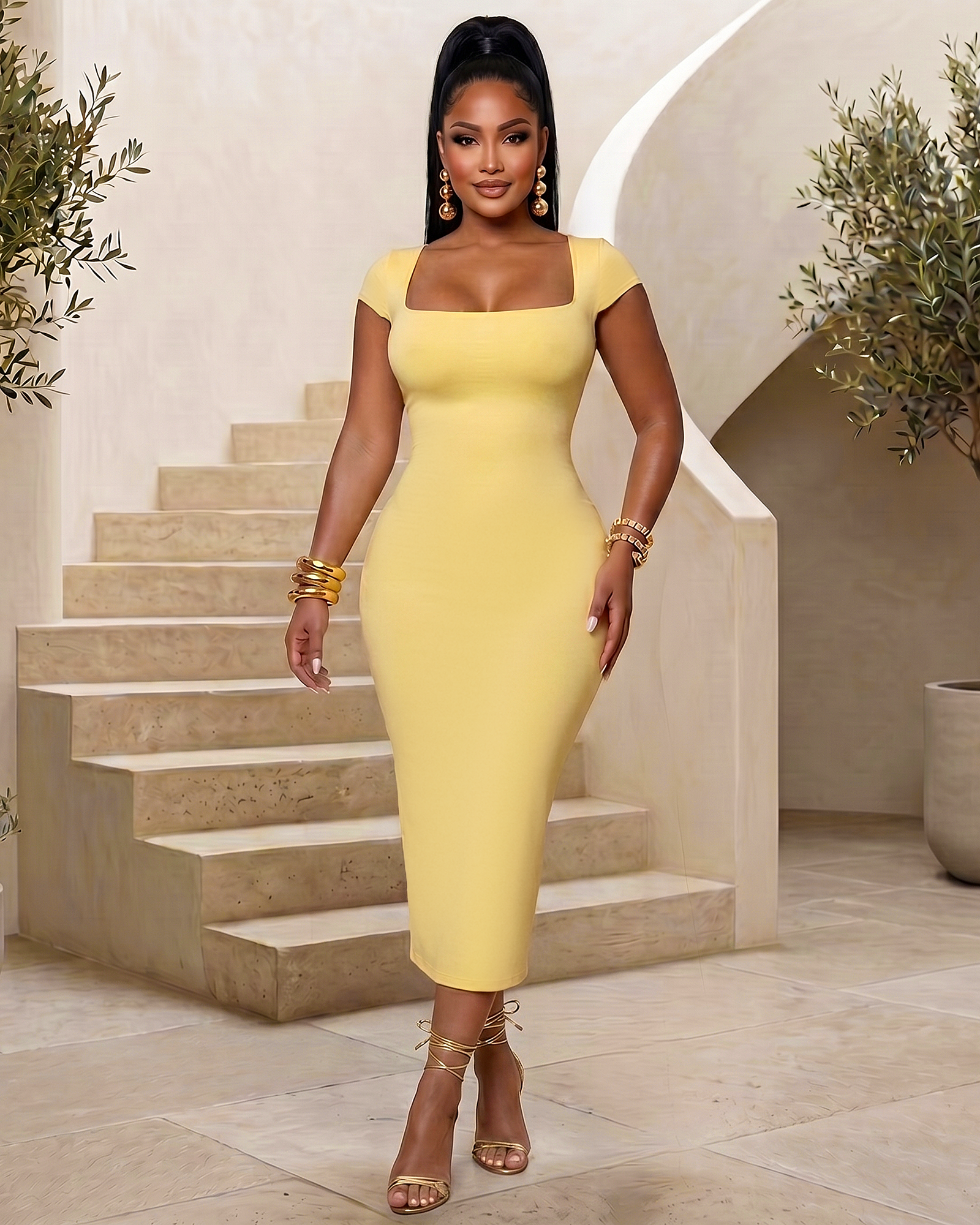 Solani Butter Yellow Square Neck Midi Dress – Chic Couture Online
