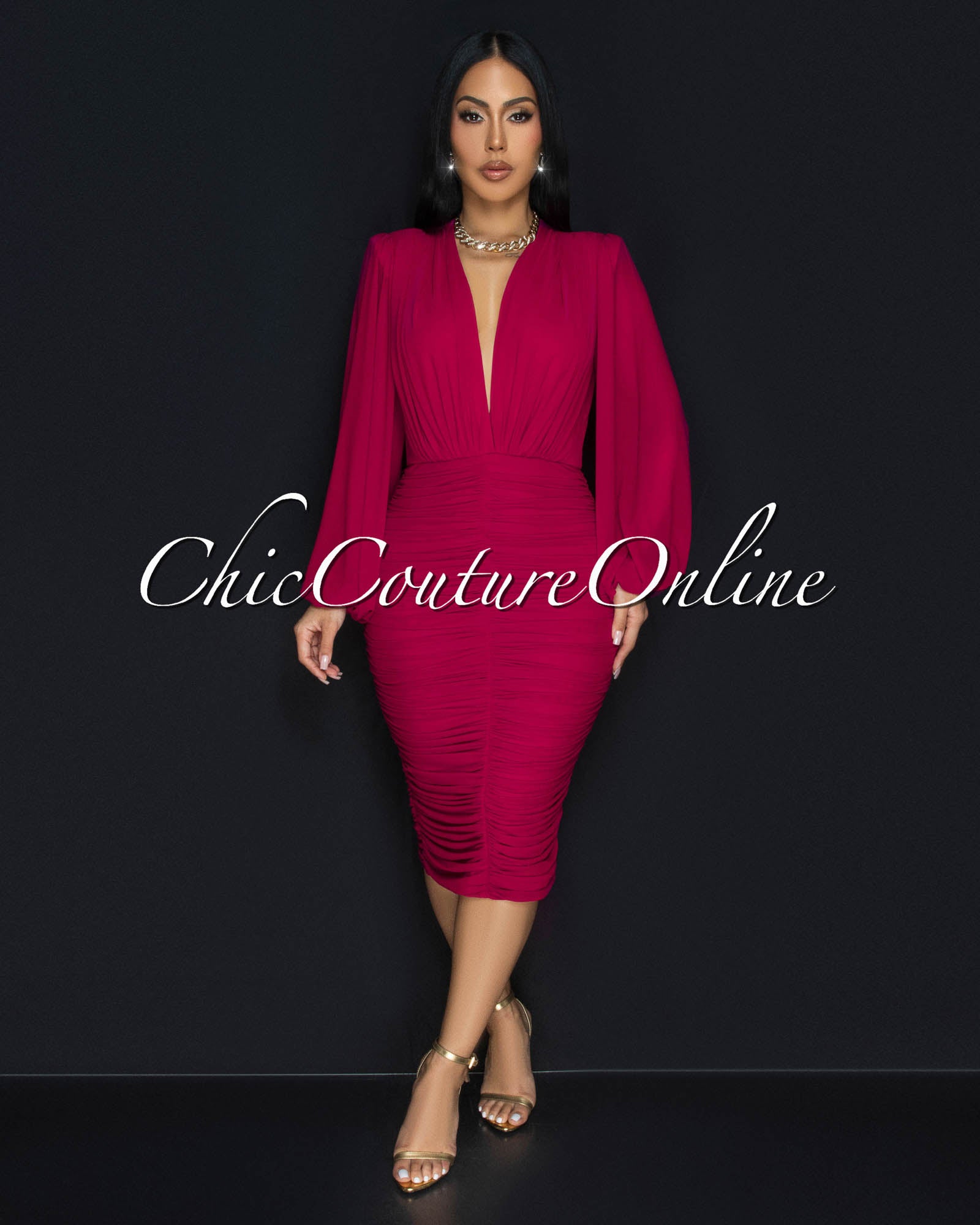 Vanica Magenta Mesh Overlay Plunging V-Neck Midi Dress (PRE-ORDER ...