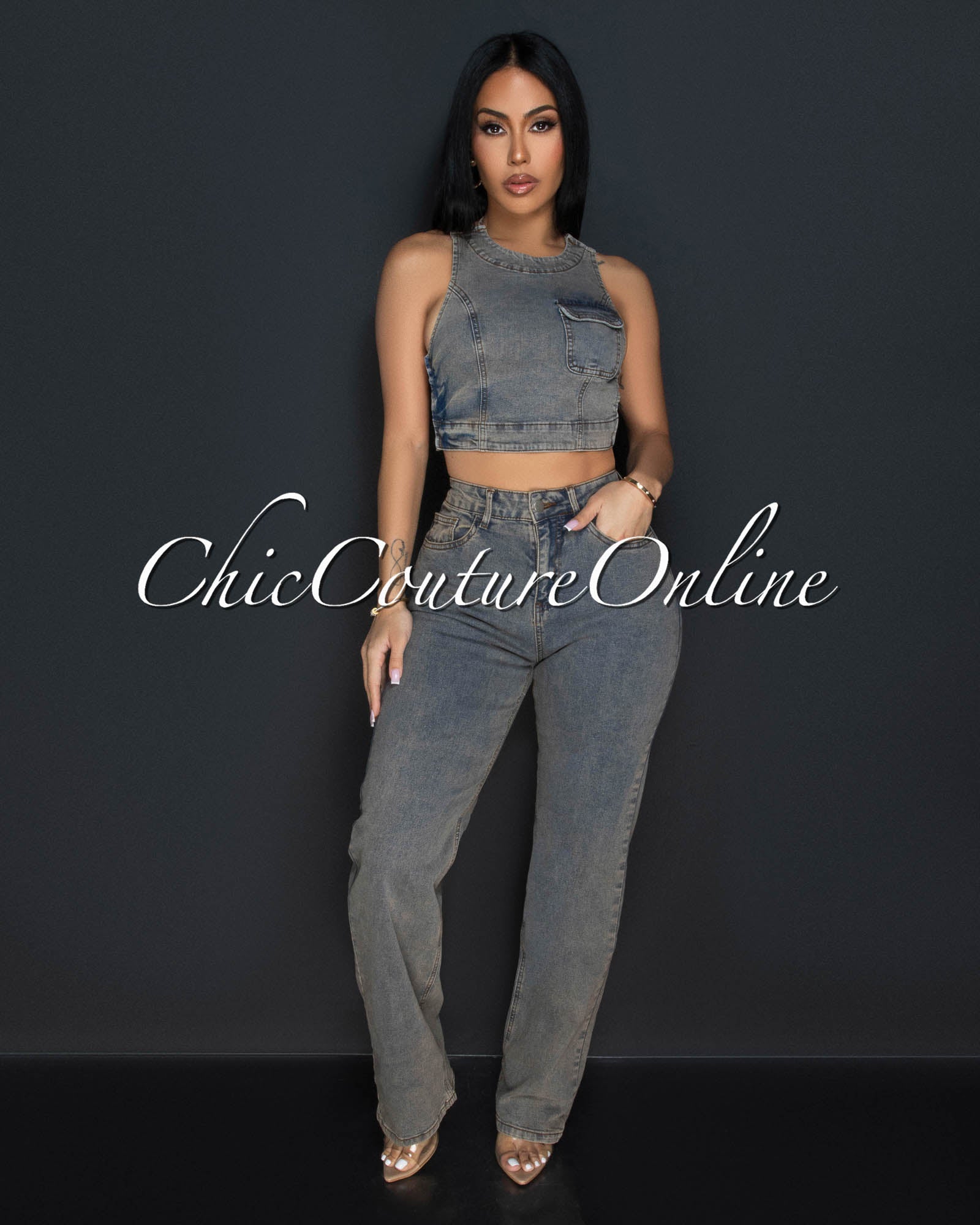 Rina Beige Denim Open Back Top & Wide Jeans Set – Chic Couture Online