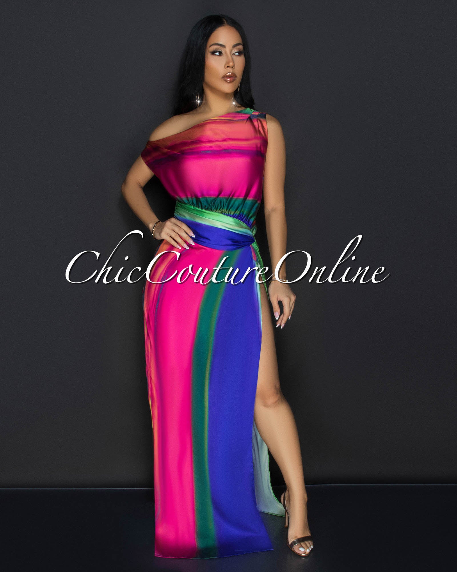 Imanie Multi-Color High Slit Silky Maxi Dress – Chic Couture Online