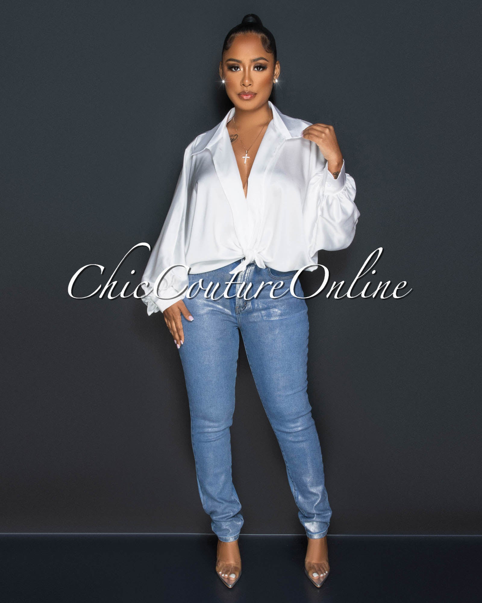 Monet Medium Blue Denim Silver Foil Skinny Jeans – Chic Couture Online