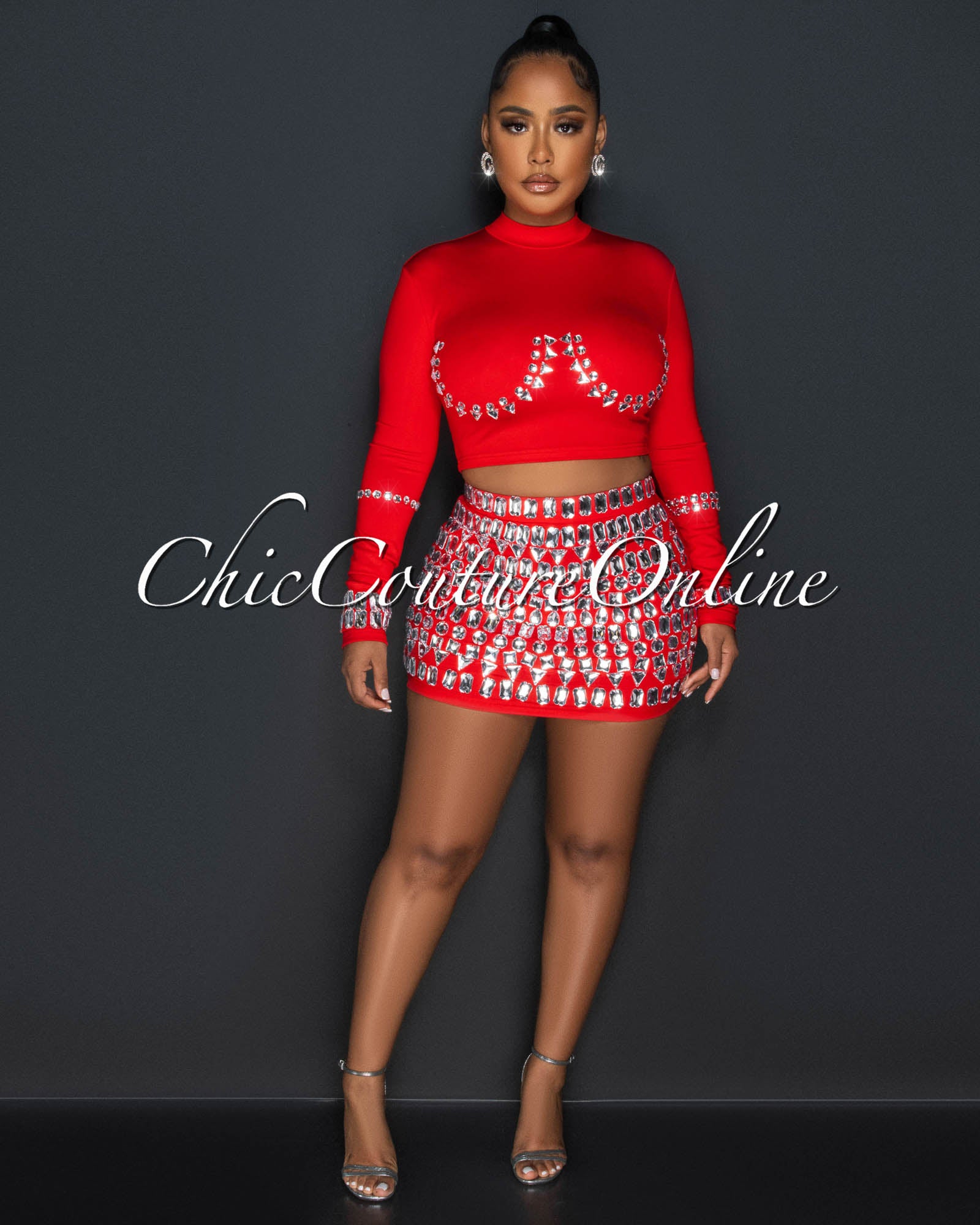 Birka Red Rhinestones Crop Top & Mini Skirt Set – Chic Couture Online