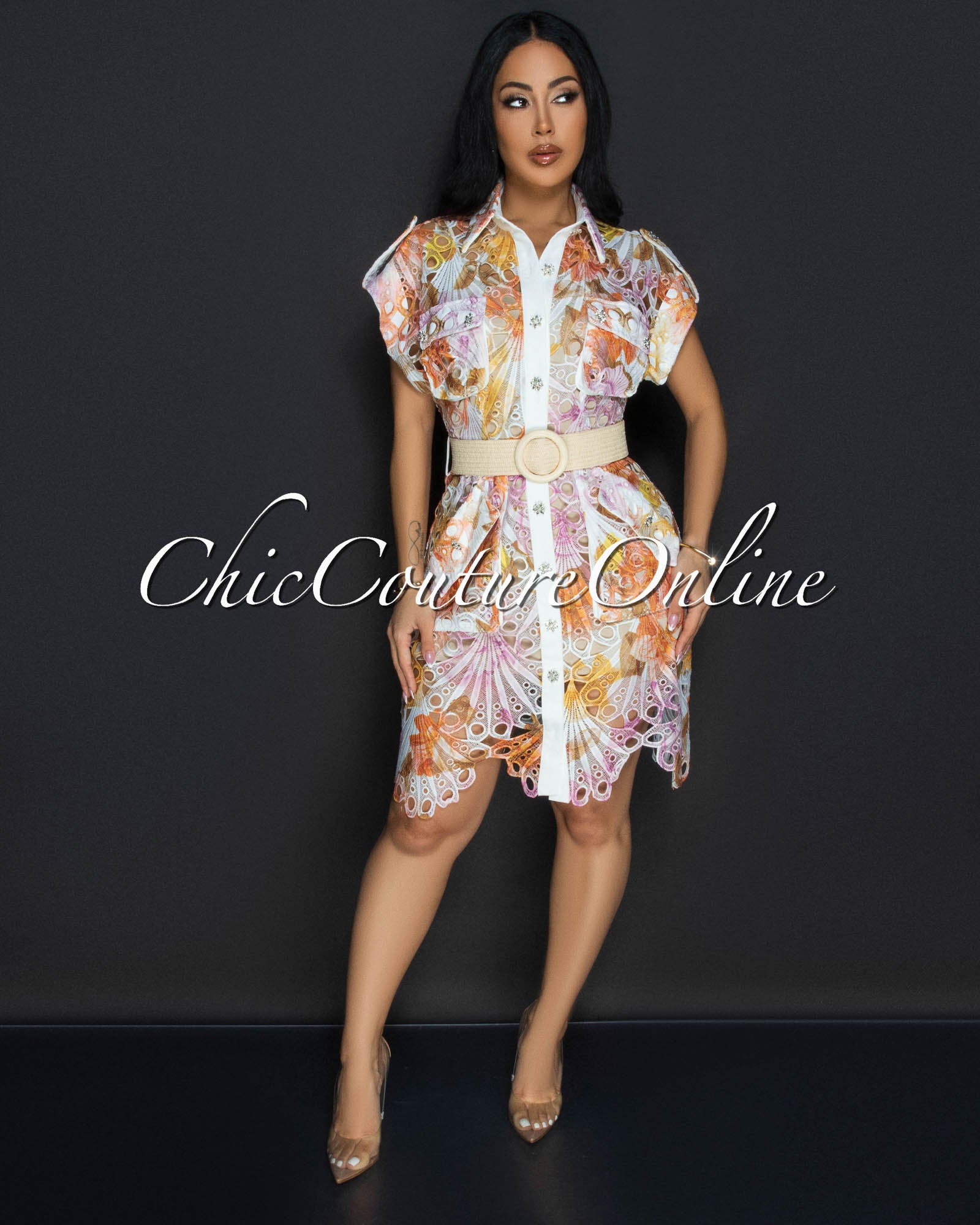 Luminous Multi-Color Print Crochet Belted Dress – Chic Couture Online