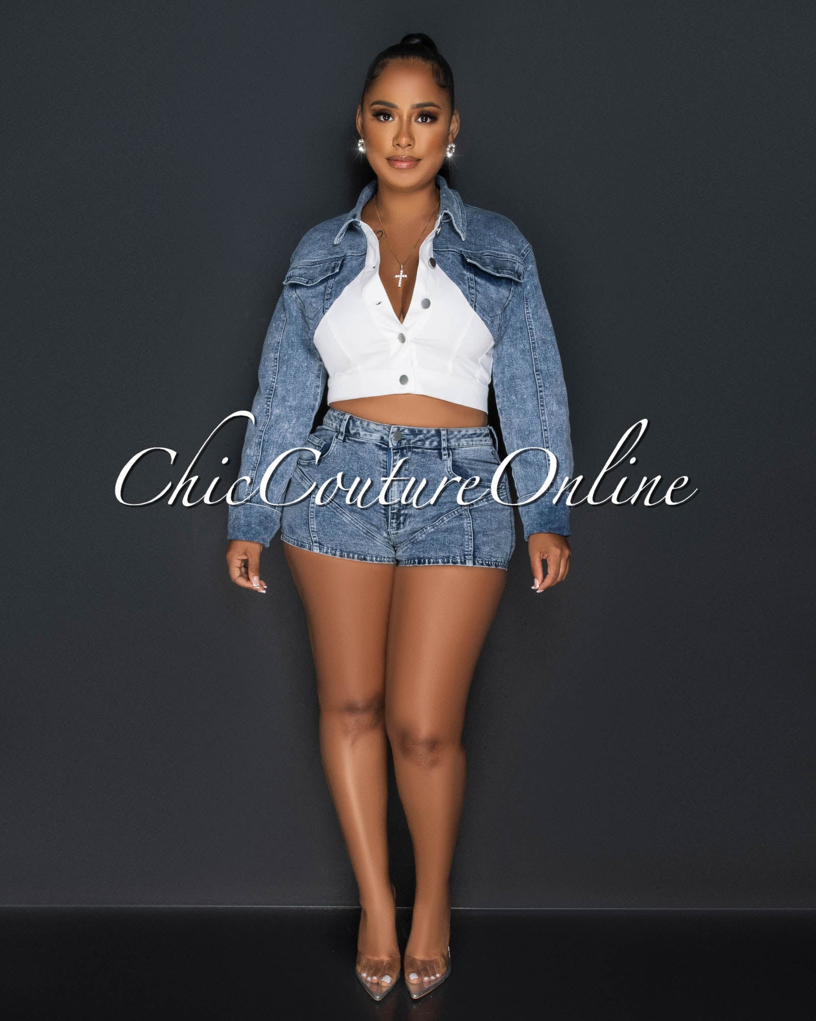 *Sena Off-White Blue Denim Ultra-Mini Short Set – Chic Couture Online