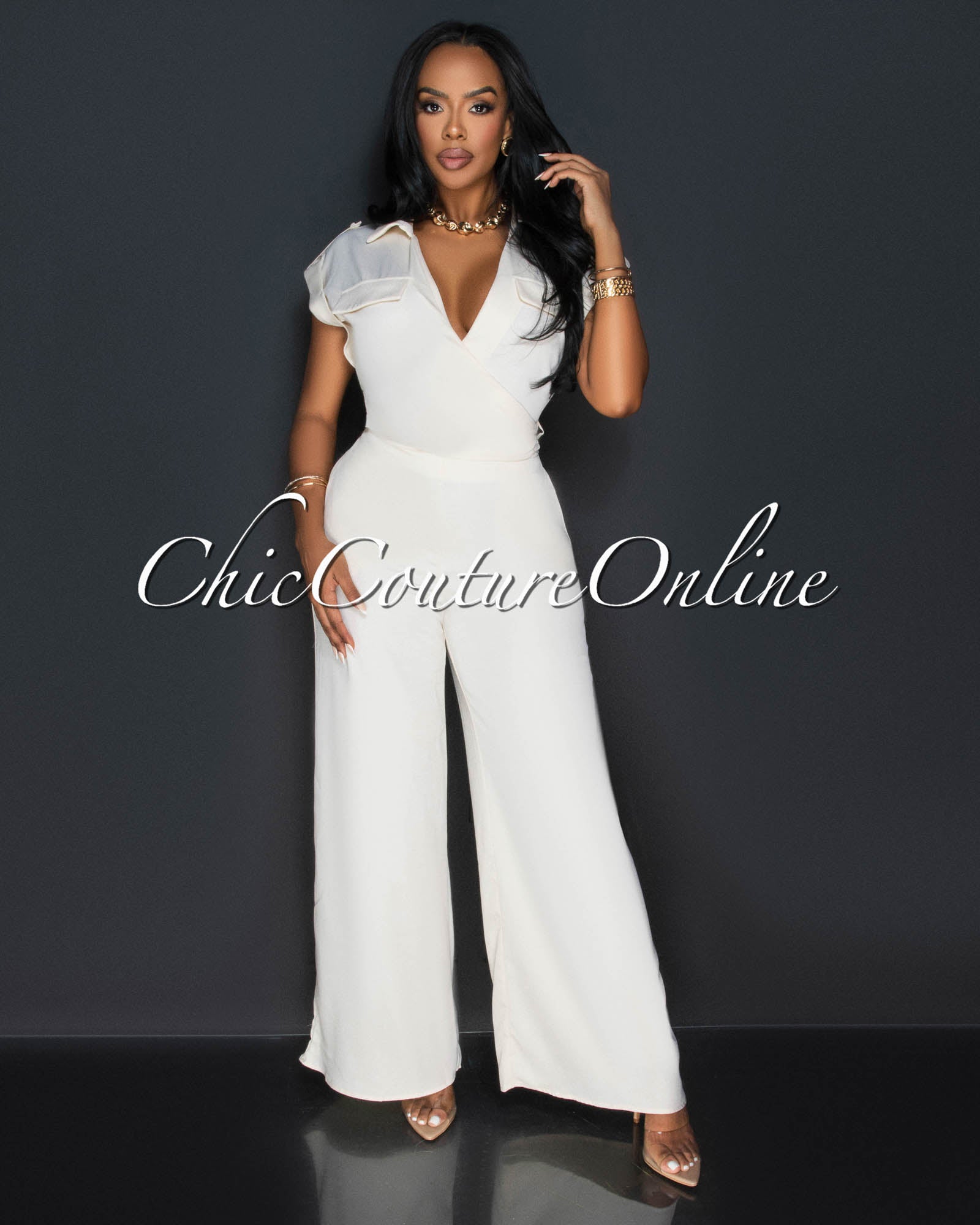 Silo Cream Collared Cross Tie Top & Wide Legs Pants Set – Chic Couture ...