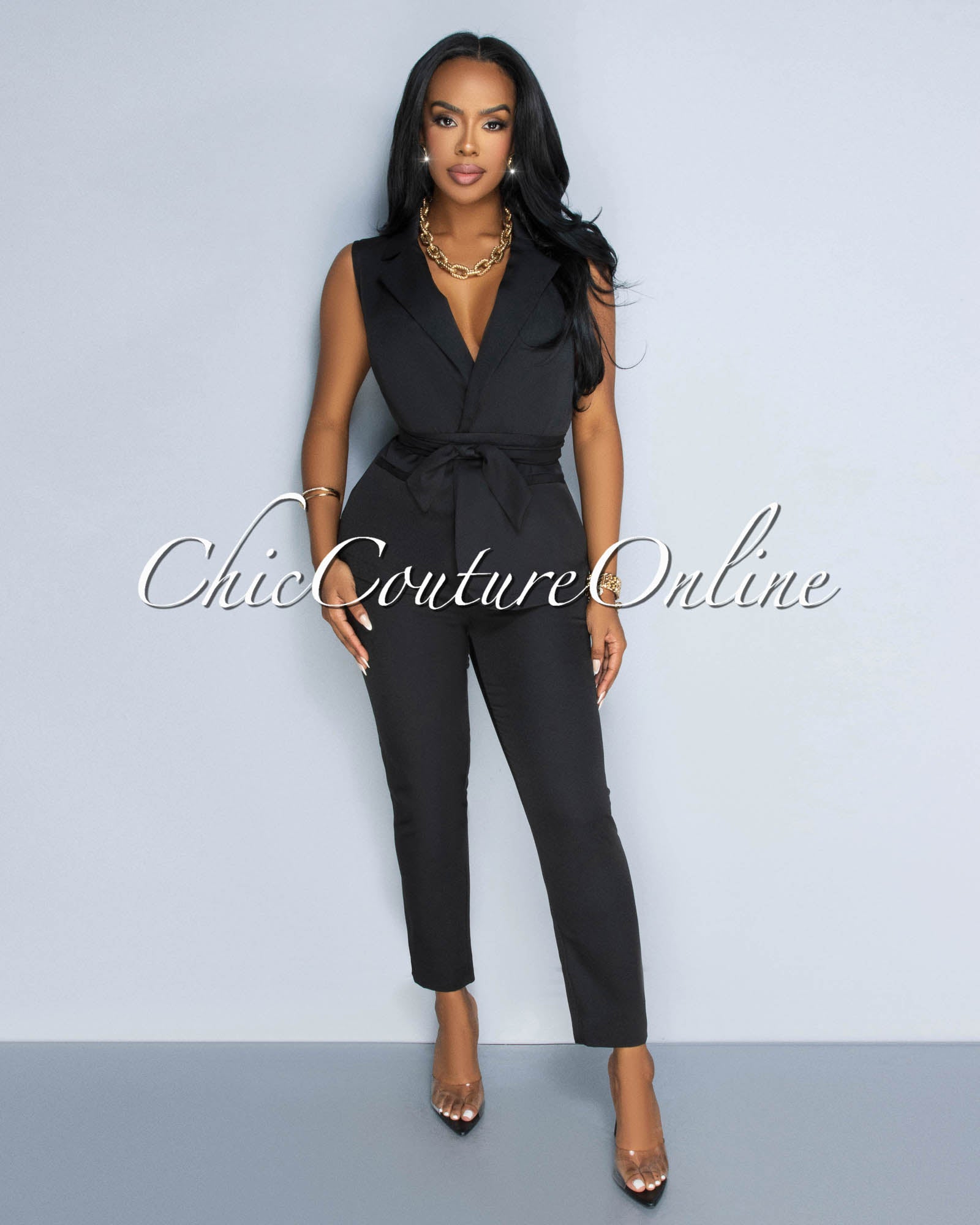 Jaxine Black Self Tie Vest & Slim Legs Pants Set – Chic Couture Online