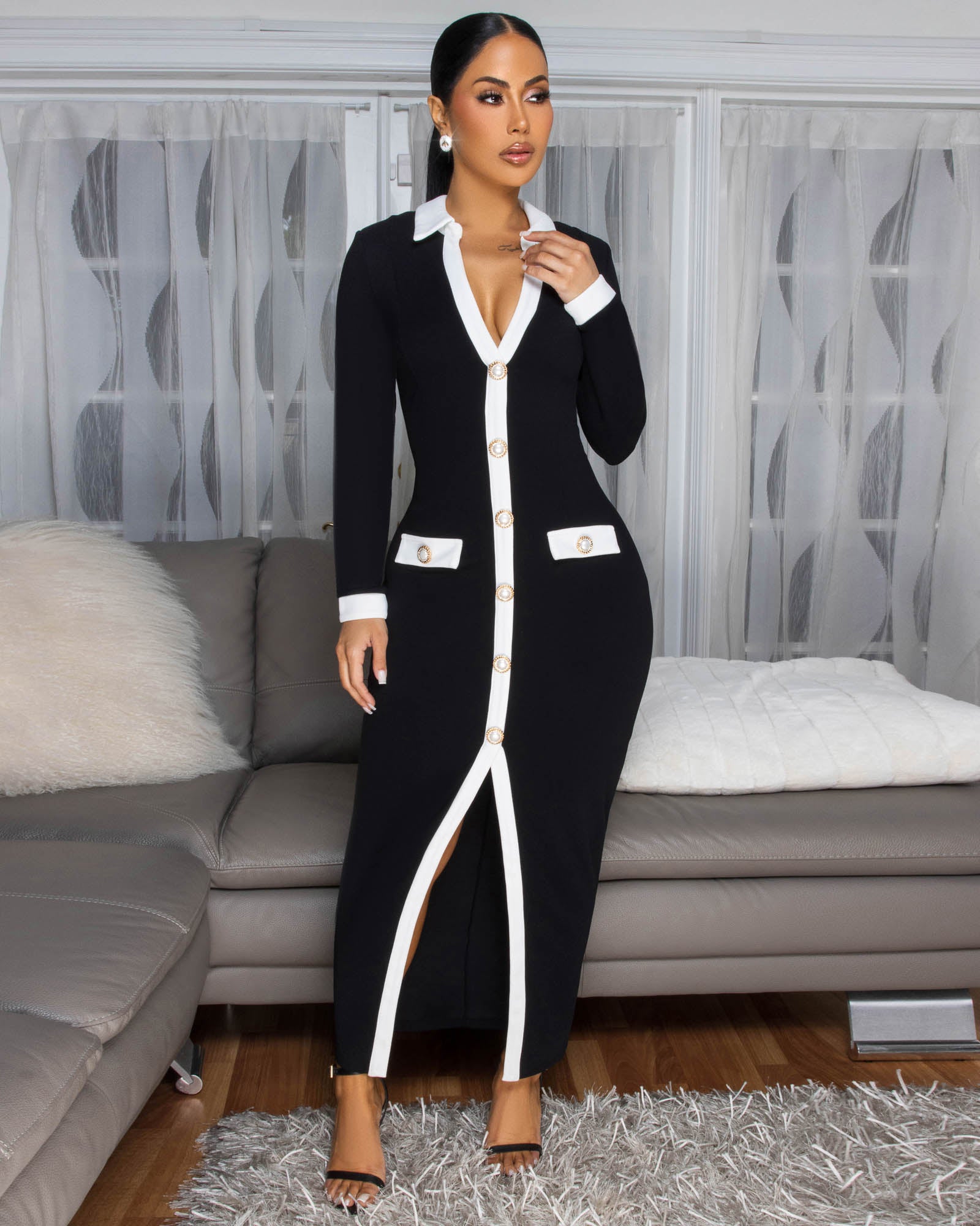 Jacintha Black White Trim Maxi Dress – Chic Couture Online