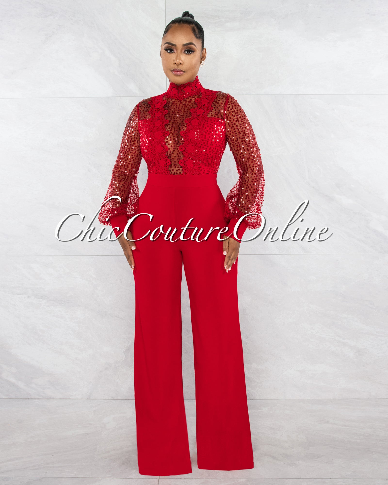 Nigelia Off-White Net Crochet Sequins Top Jumpsuit – Chic Couture Online