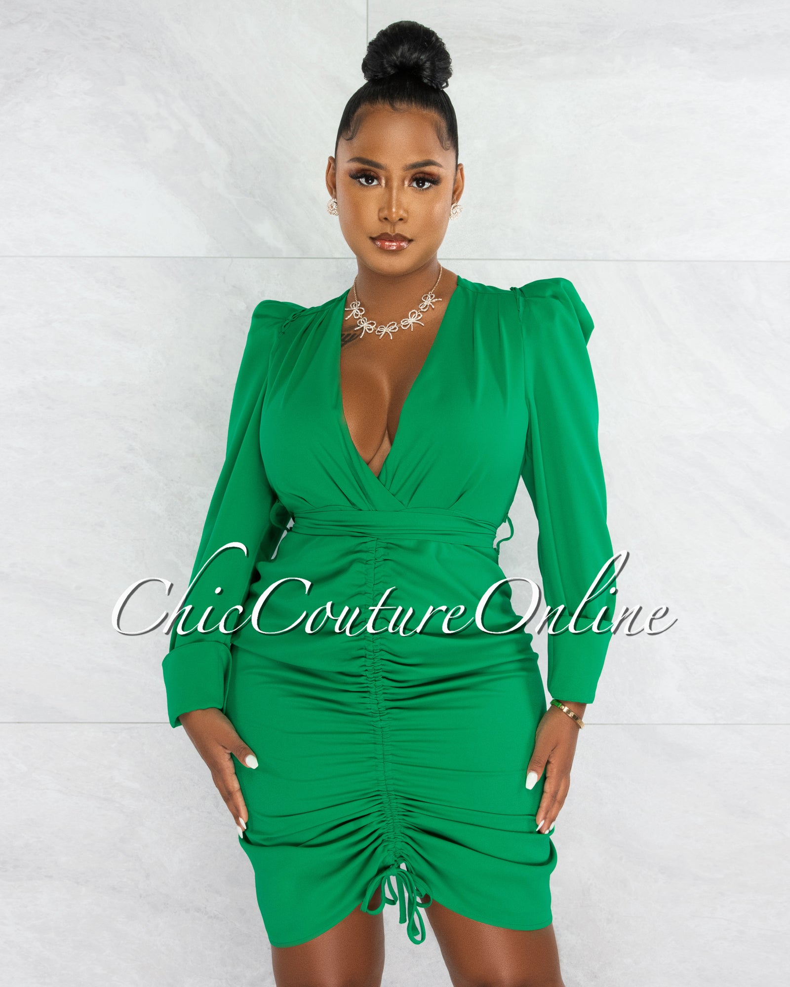 *Randall Kelly Green Front Ruch Tie Belt Midi Dress – Chic Couture Online