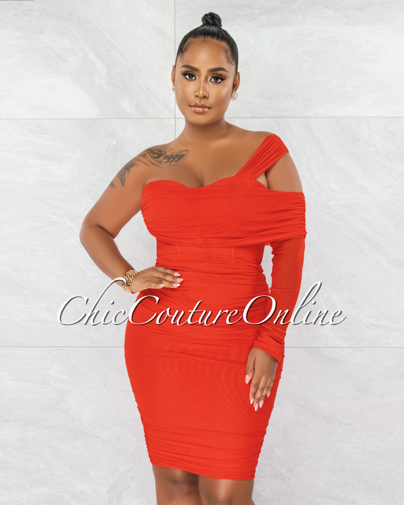 *Presa Red Long Mesh Single Sleeve Ruched Bandage Dress – Chic Couture ...